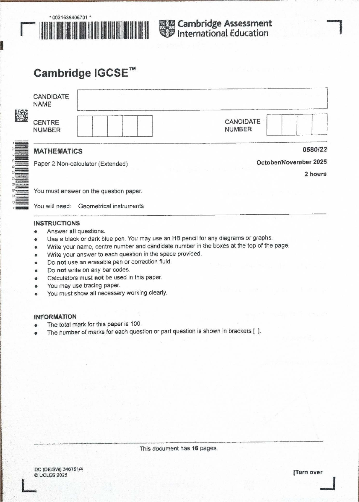 Mathematics Paper 2 (Extended) 0580 W25 Exam Questions 2025 - Studocu
