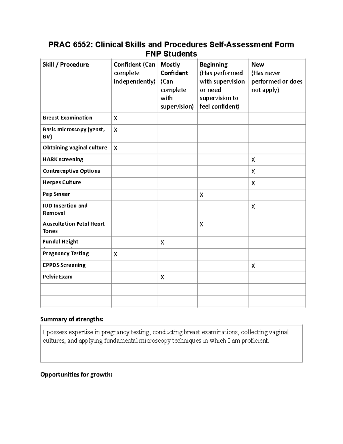 PRAC 6552 FNP Clinical Skills Procedures Self-Assessment 2 Report - Studocu