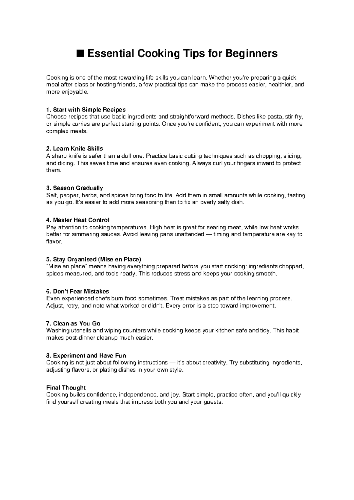 Cooking Tips for Beginners: Essential Skills and Techniques - Studocu