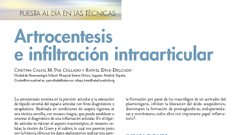 Técnicas de Artrocentesis e Infiltración Intraarticular - PUESTA AL DÍA ...