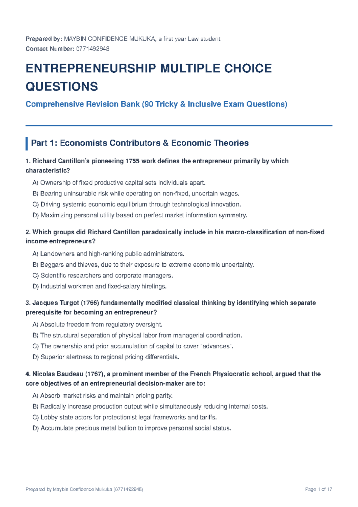 ENTREPRENEURSHIP REVISION BANK: MCQs for Exam Prep (Part 1) - Studocu