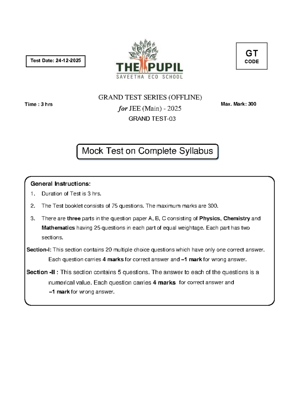 XII GT TEST-03 (JEE Main 2025) - Evening Question Paper - Studocu