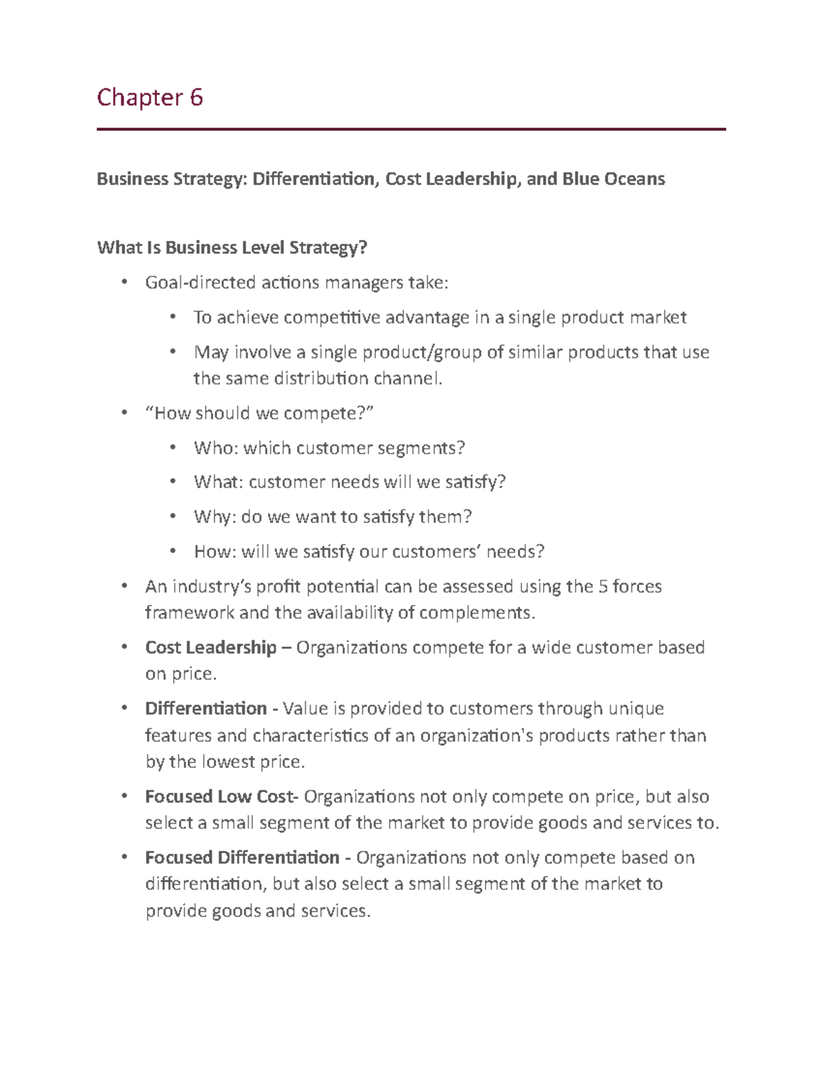 Chapter 6 - Business Strategy: Differentiation, Cost Leadership & Blue ...