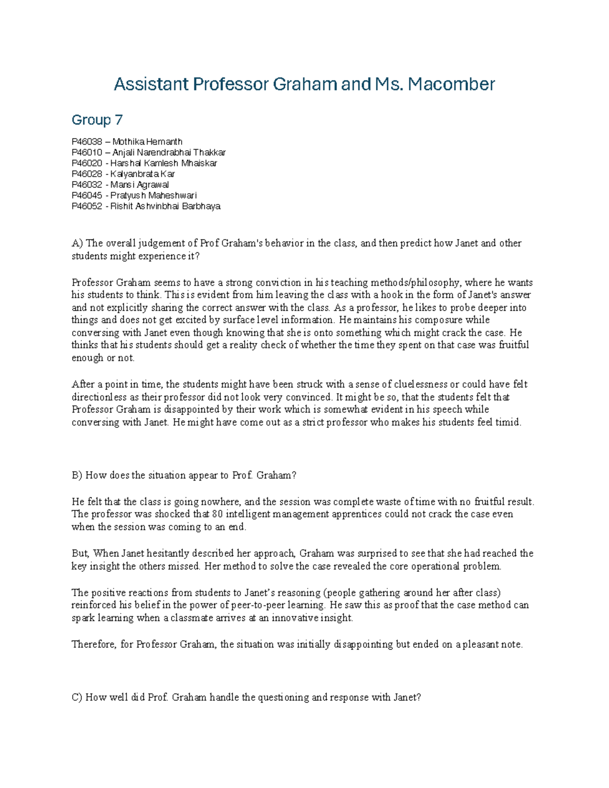 Group 7 Assignment 2: Analysis of Prof. Graham's Teaching Style (P46038 ...