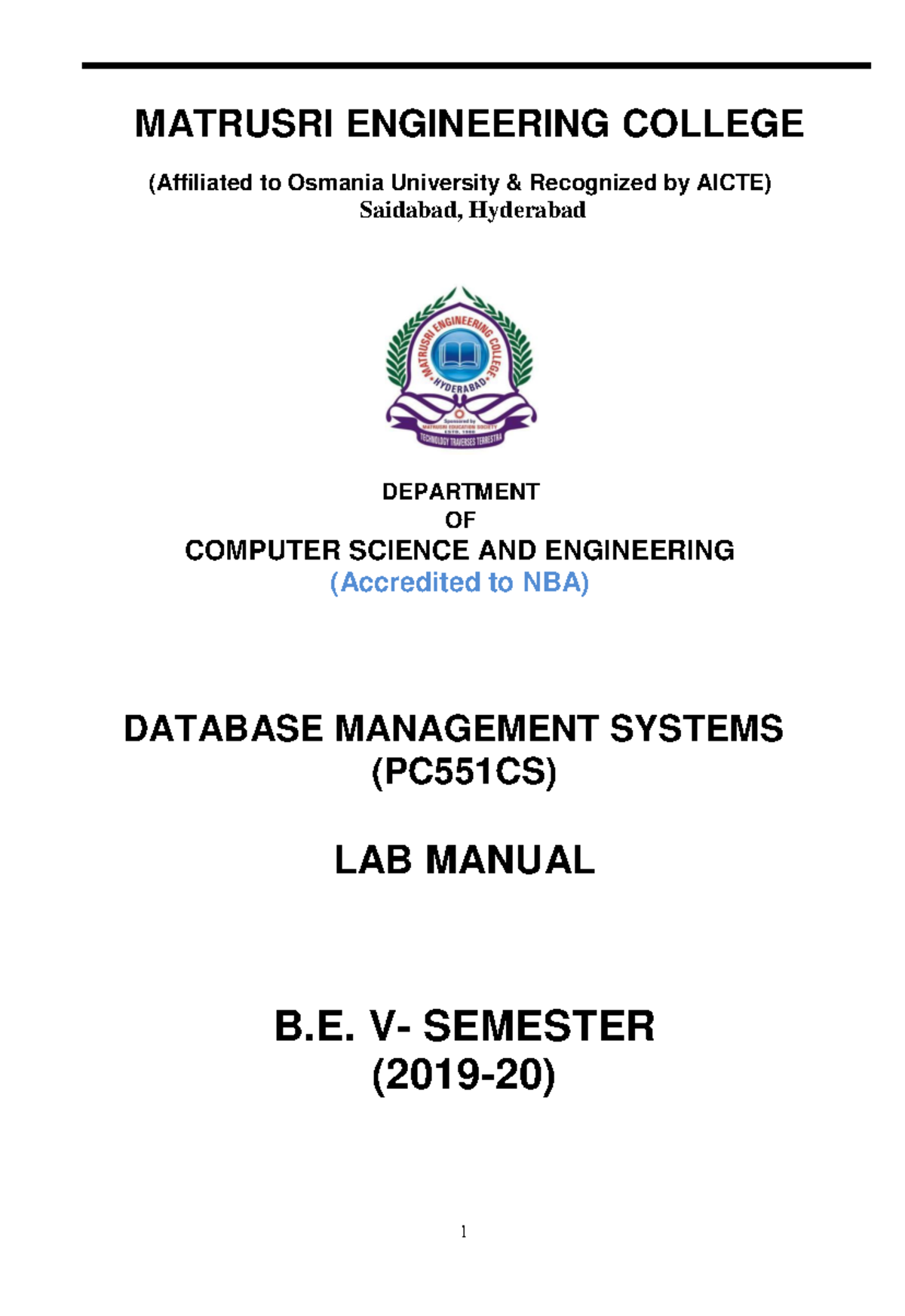DBMS Lab Manual (PC551CS) for B.E. V-Semester 2019-20 - Studocu