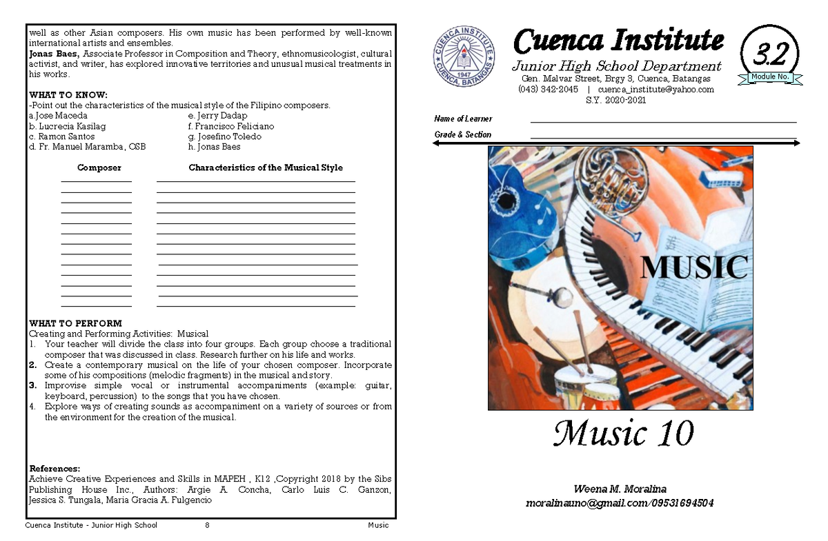 Cuenca Institute Music Module 3.2: Filipino Composers and Styles - Studocu