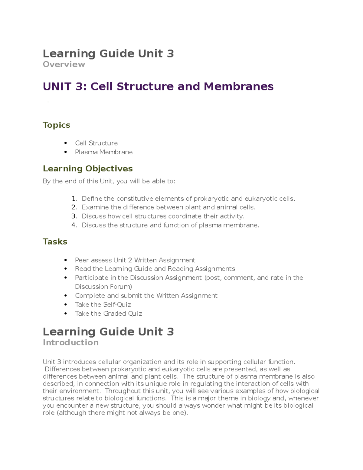 Unit 3 Learning Guide: Cell Structure & Membranes (BIO) - Studocu