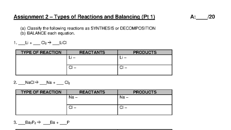Assignment 2: Classifying & Balancing Reactions (Synthesis/Decomp ...