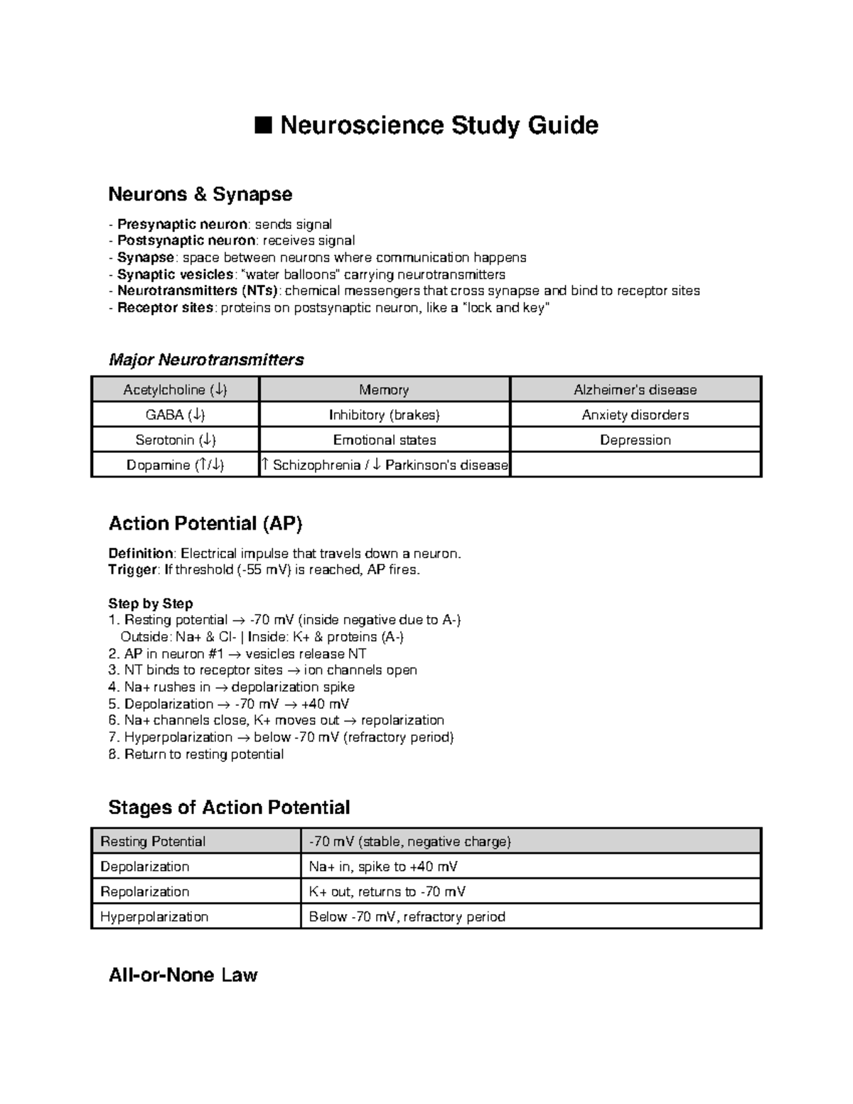 Neuroscience Study Guide: Neurons, Synapses, and Action Potentials ...