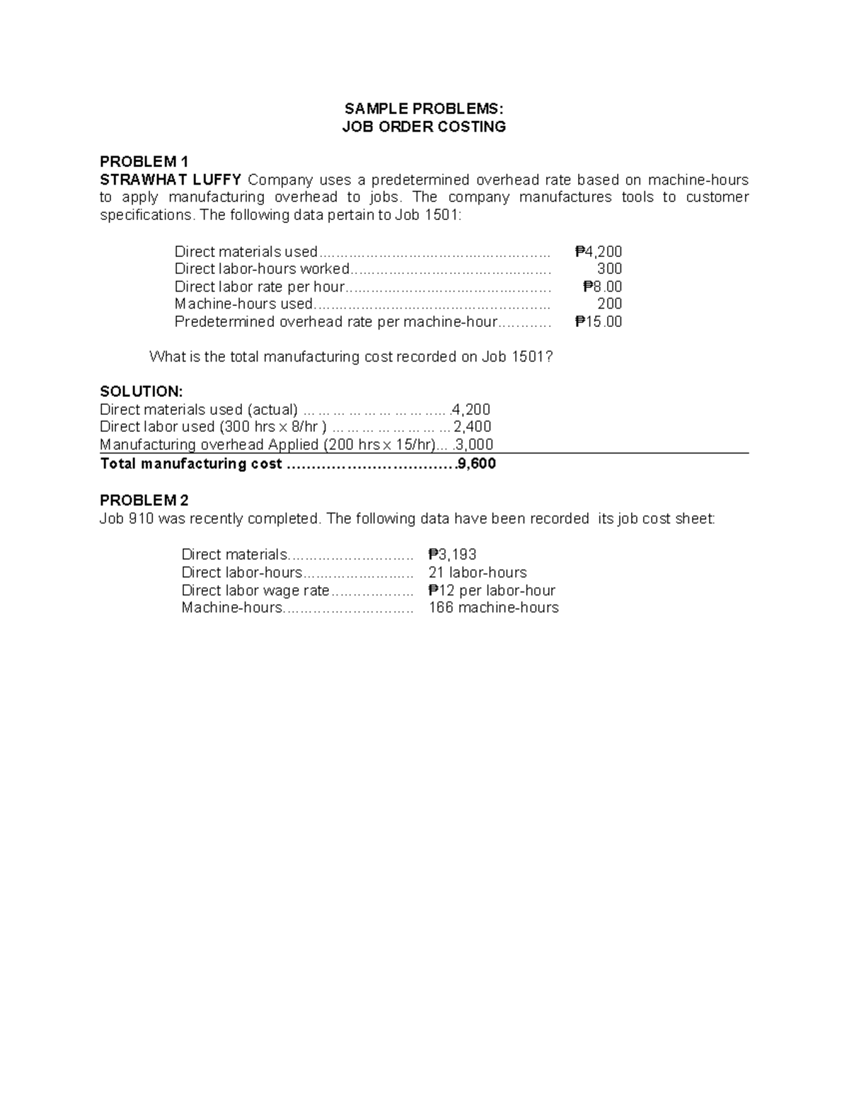 479663787 Job Order Costing: Sample Problems & Solutions - Studocu
