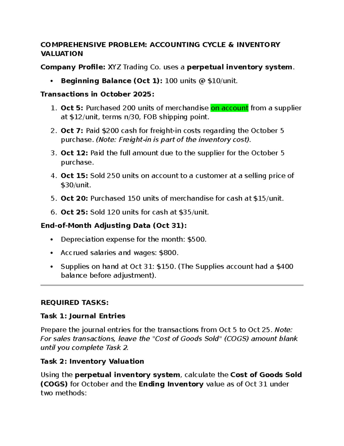 COMPREHENSIVE PROBLEM: ACCT 101 - INVENTORY VALUATION & CYCLE - Studocu