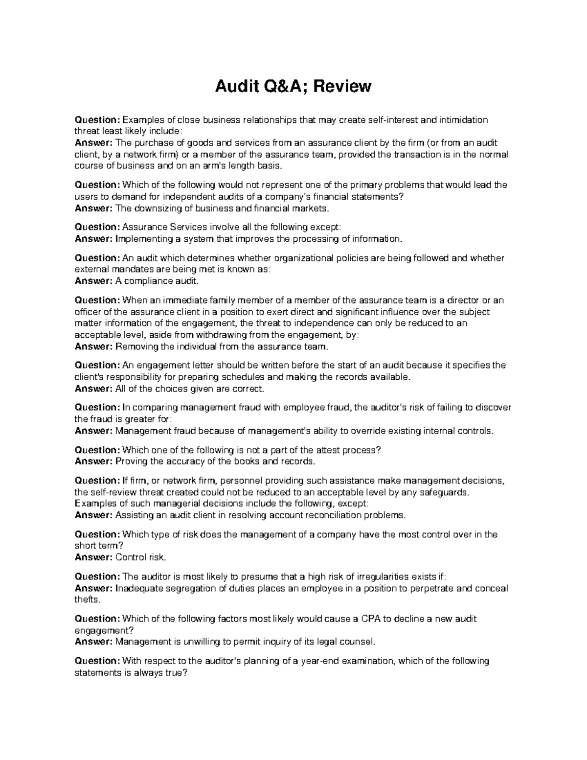 Audit QA Review - Notes on Assurance Services and Independence Threats ...