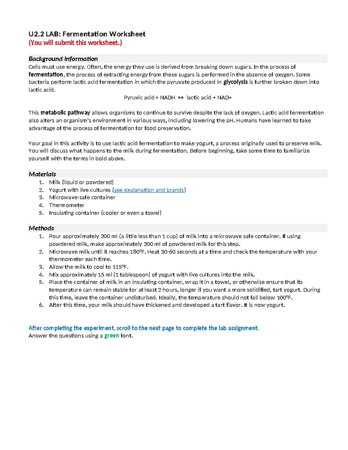 2-2 Lab: Fermentation and Yogurt Making Worksheet - Studocu