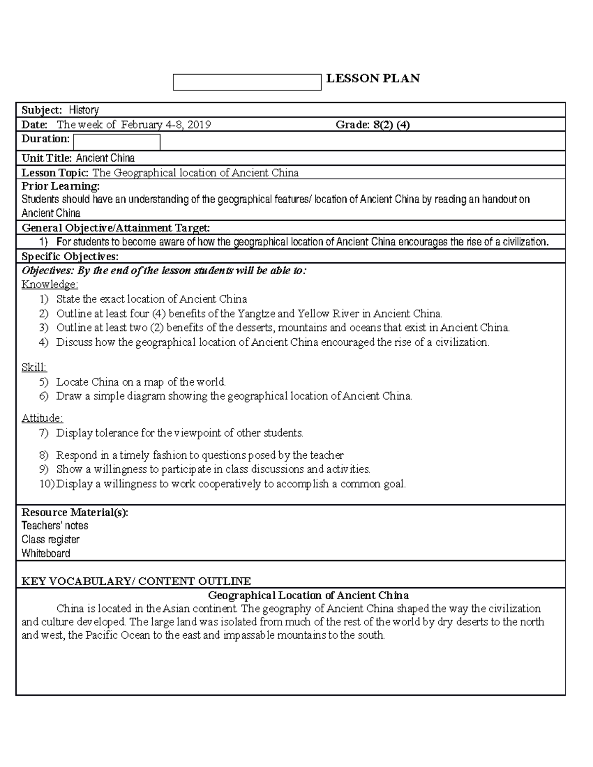 Geographical location of Ancient China 8-2 8-6 - LESSON PLAN Subject ...