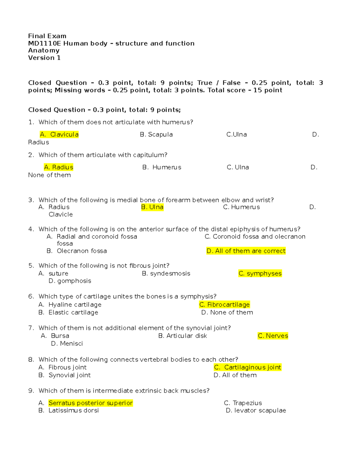 Anatomy, Physiology, and Histology past exam questions with answers ...
