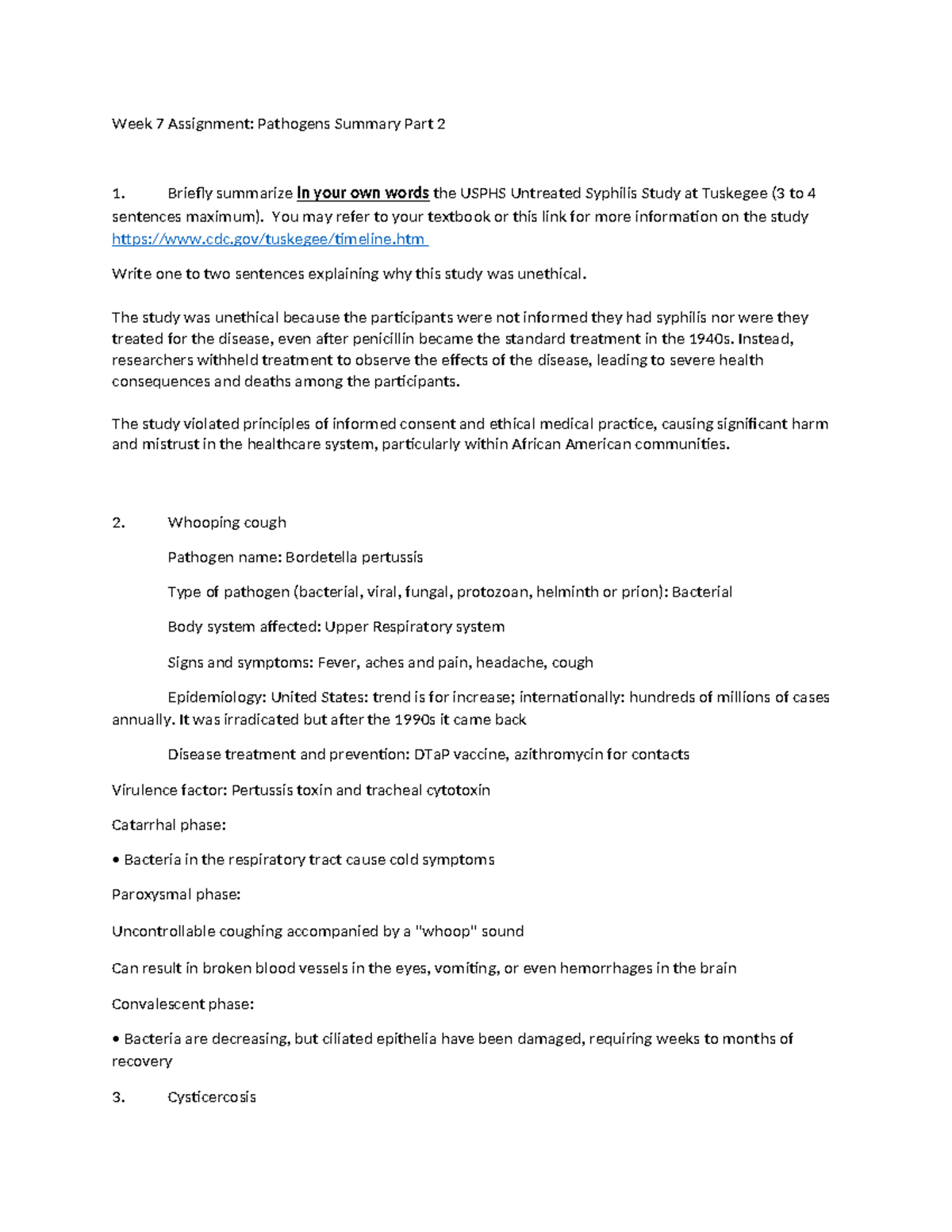 BIOS242 Week 7 Assignment - Week 7 Assignment: Pathogens Summary Part 2 ...