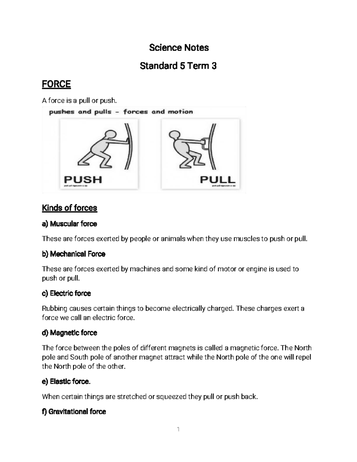 Science Term 3 Standard 5 - Revision Notes on Forces and Electricity ...