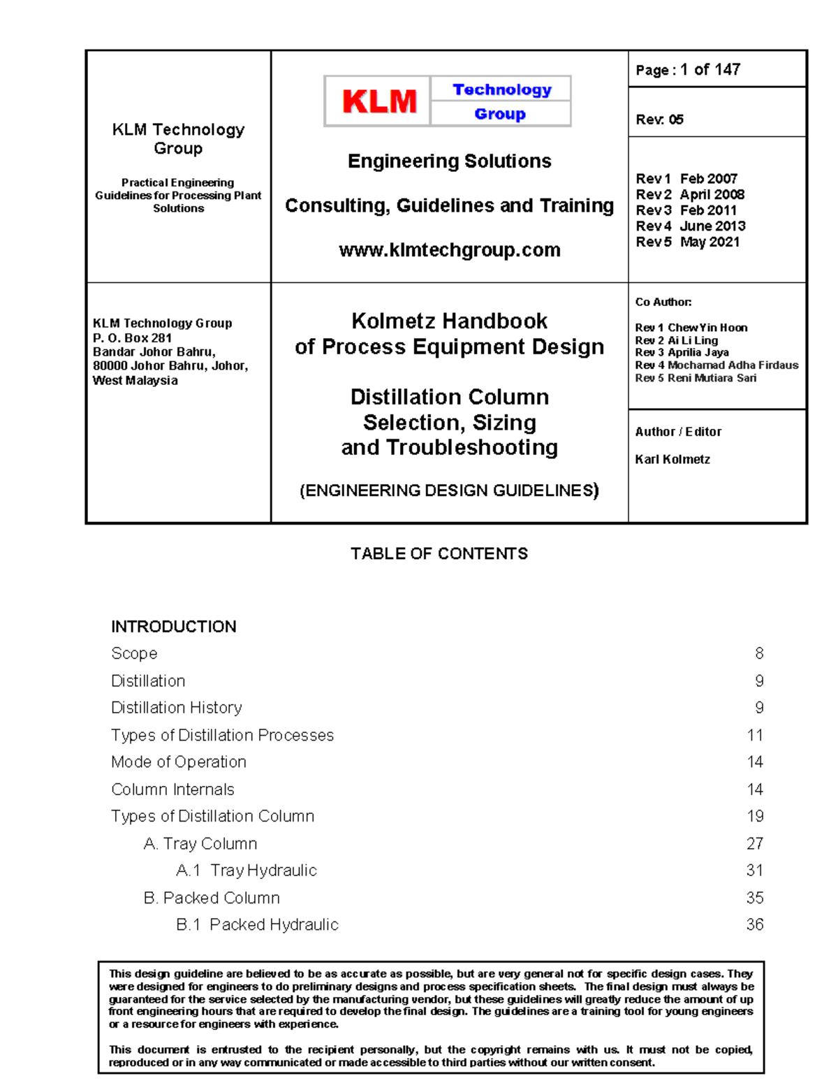KLM Engineering Guidelines for Distillation Column Design & Sizing - Studocu