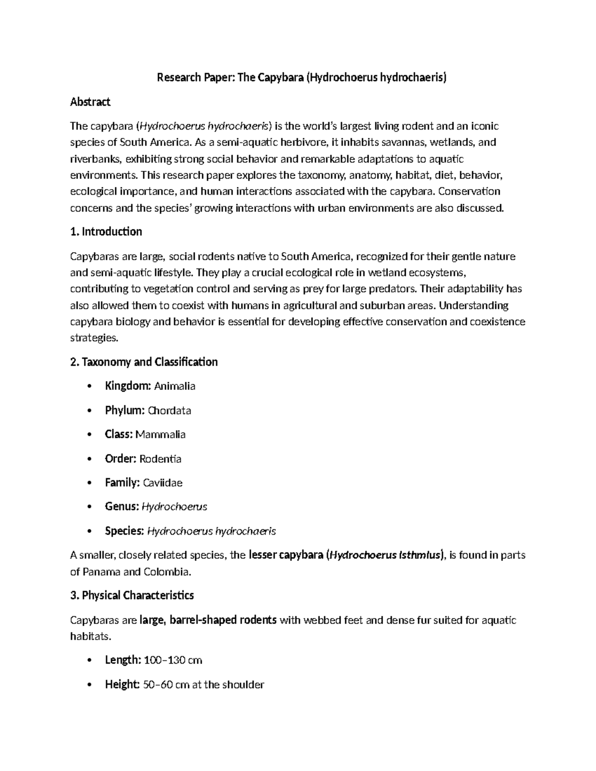 Research Paper: The Capybara (Hydrochoerus hydrochaeris) Insights - Studocu