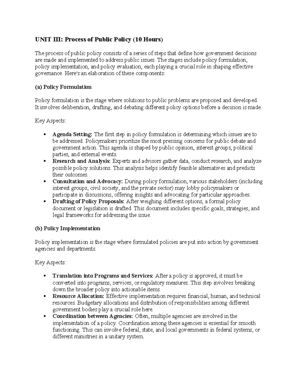 UNIT III - Public Policy Process Overview in Political Science - Studocu