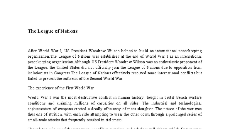 Human Rights Law Notes: The League of Nations Post WWI - Studocu