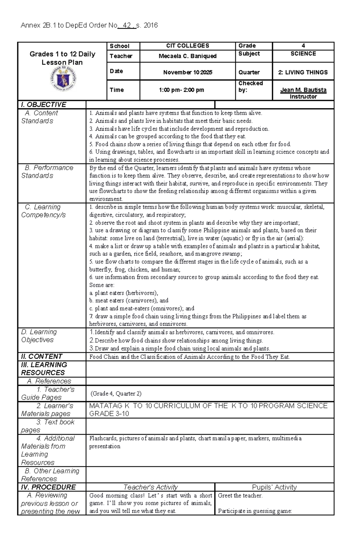 DLP-Science 4: Daily Lesson Plan on Living Things and Food Chains - Studocu