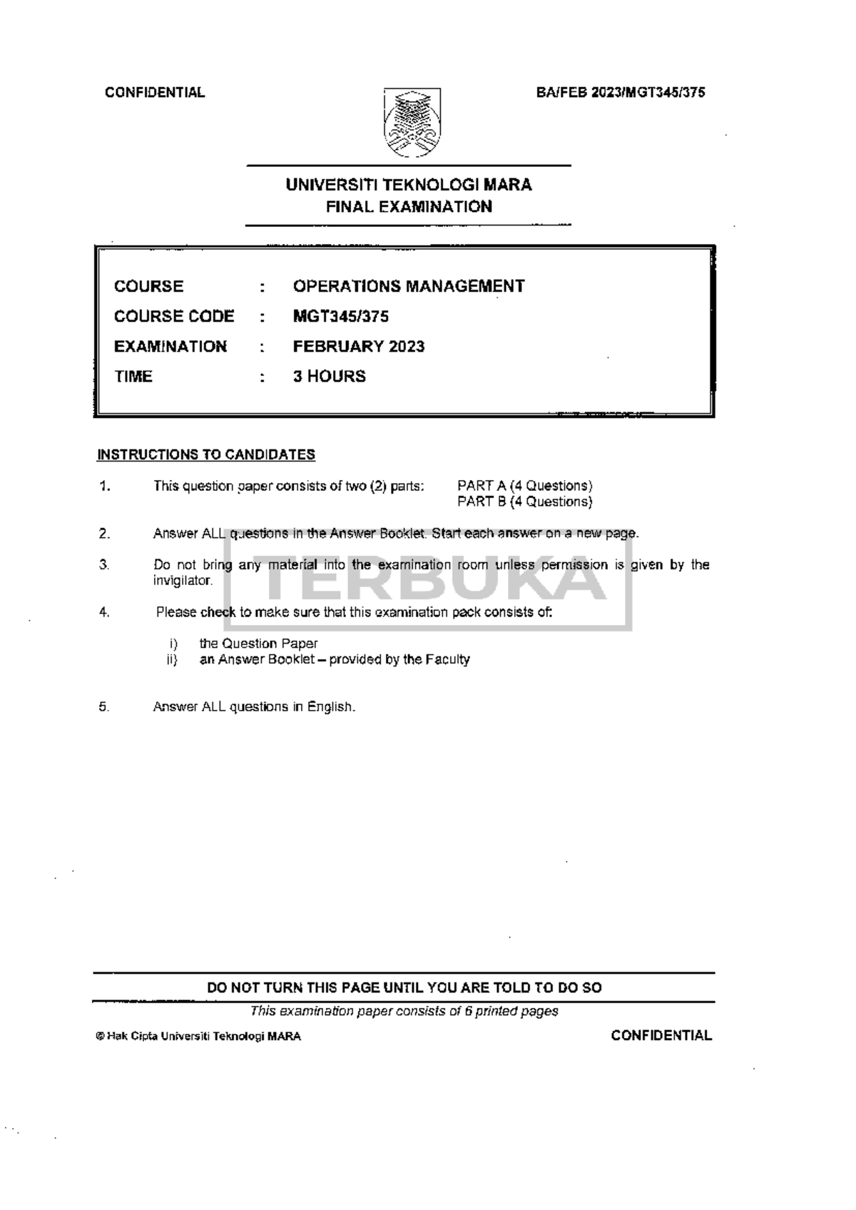MGT345 - pyq - UNIVERSITI TEKNOLOGI MARA FINAL EXAMINATION COURSE ...