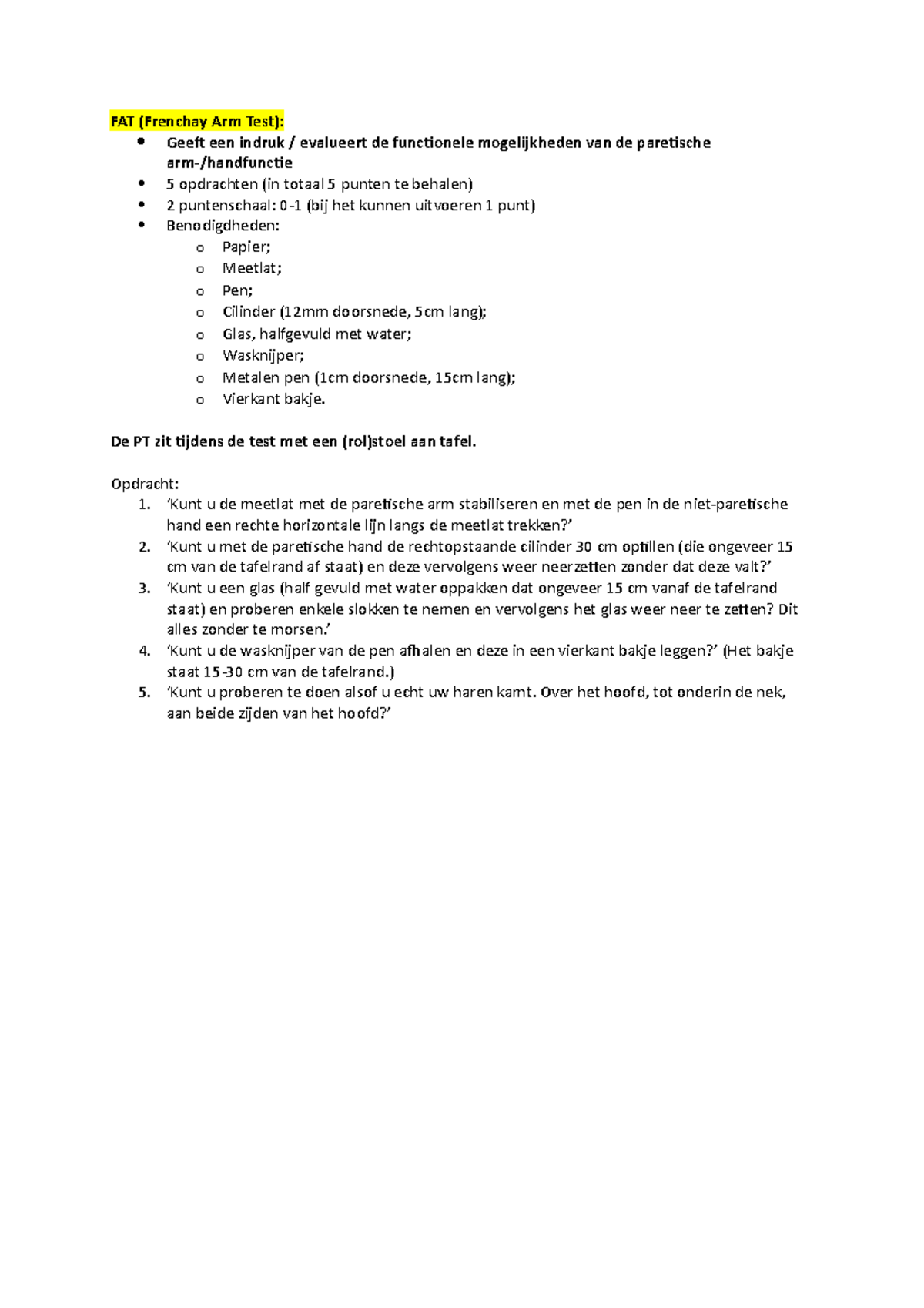 FAT - Frenchay Arm Test & MAS - Modified Ashworth Scale Guide - Studeersnel