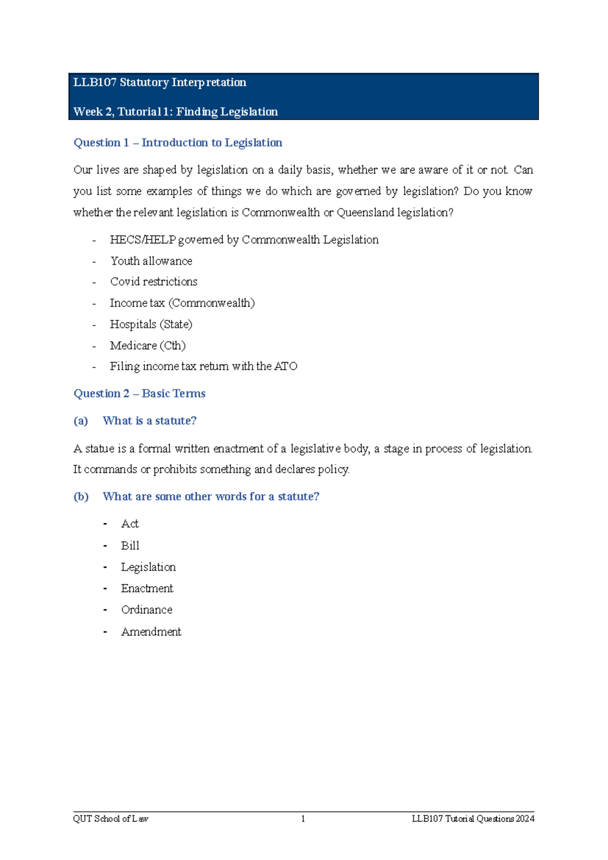 LLB107 Week 2 Tutorial Questions on Statutory Interpretation - Studocu