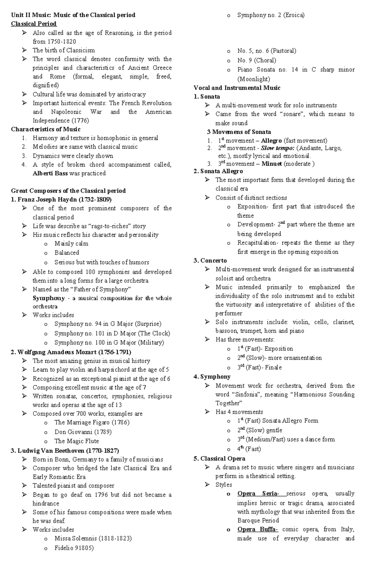 Unit II Music: Classical Period Overview and Key Composers (MUS 9 ...