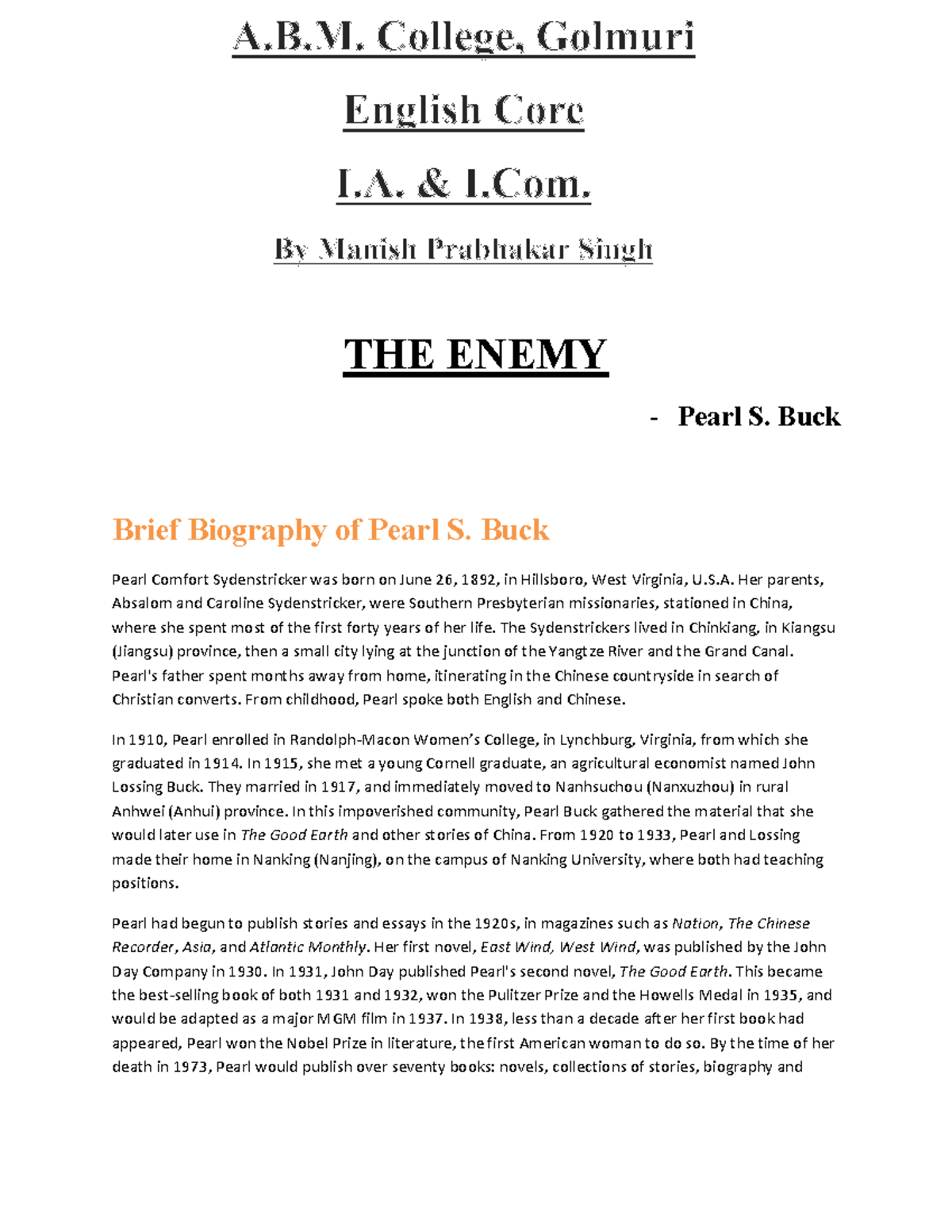 The Enemy (English Core) Class 12 Summary & Analysis Notes - Studocu