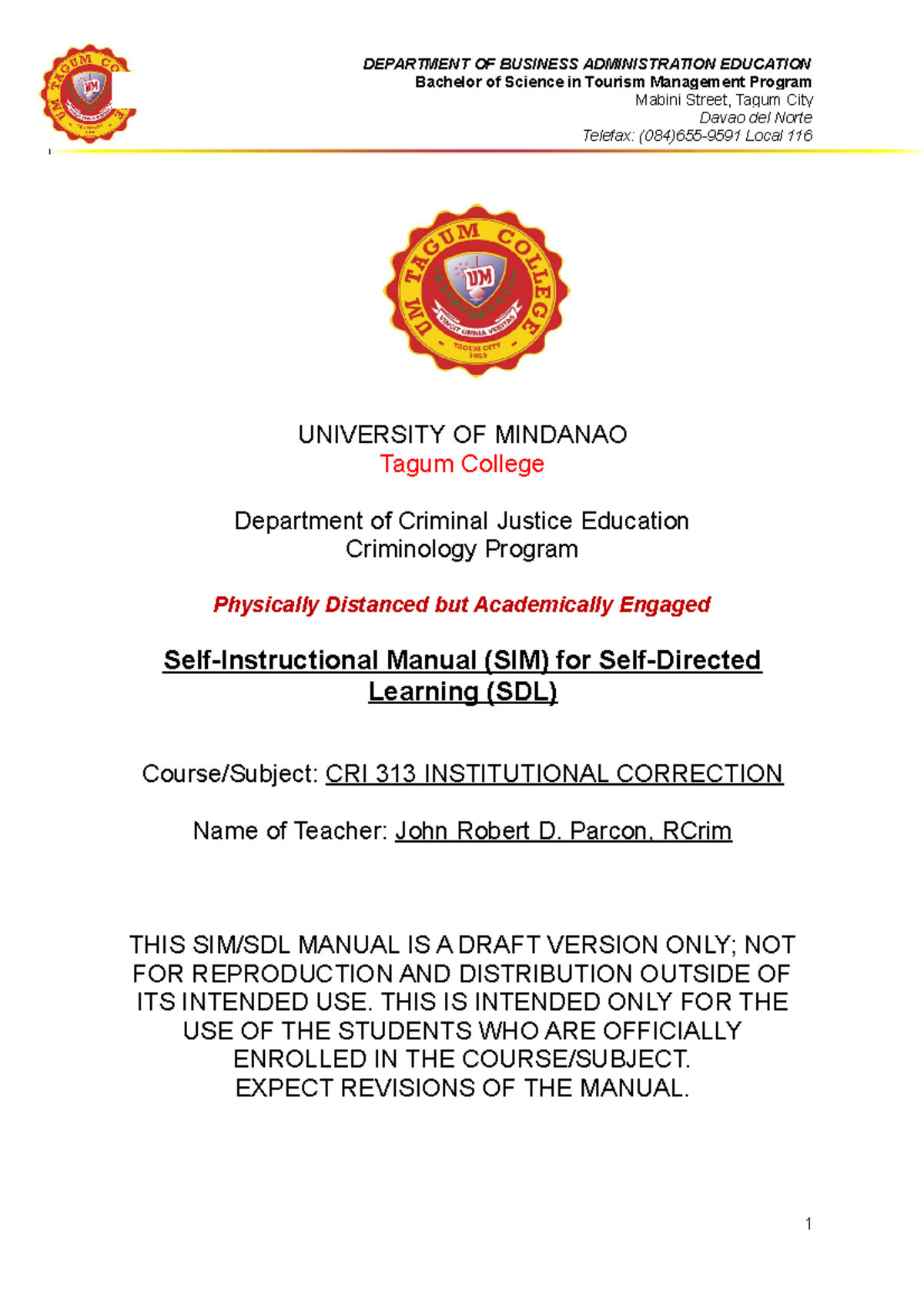 Institutional Correction - Bachelor of Science in Tourism Management ...