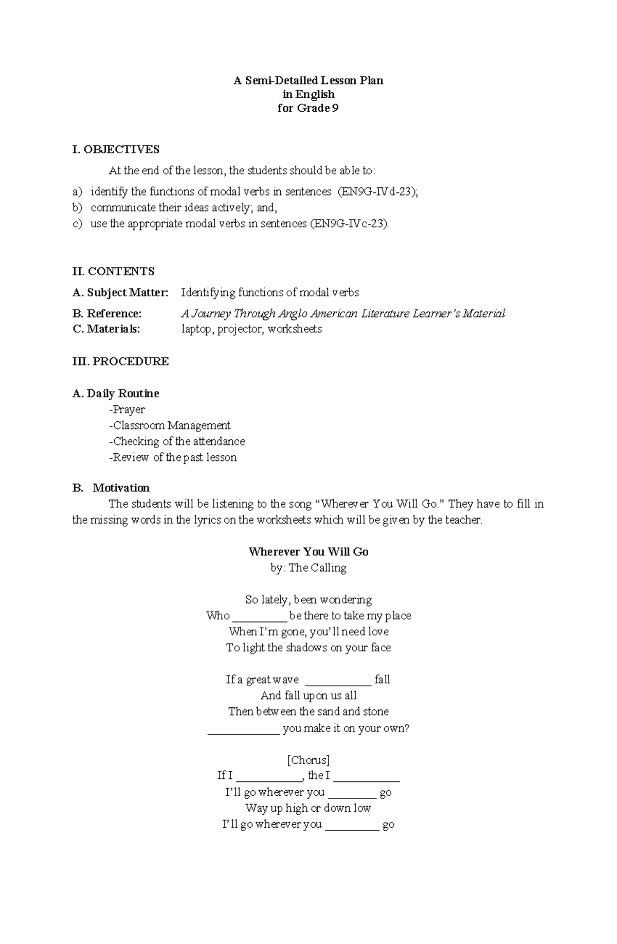 Lesson Plan on Modal Verbs for Grade 9 (EN9G-IVd-23) - Studocu