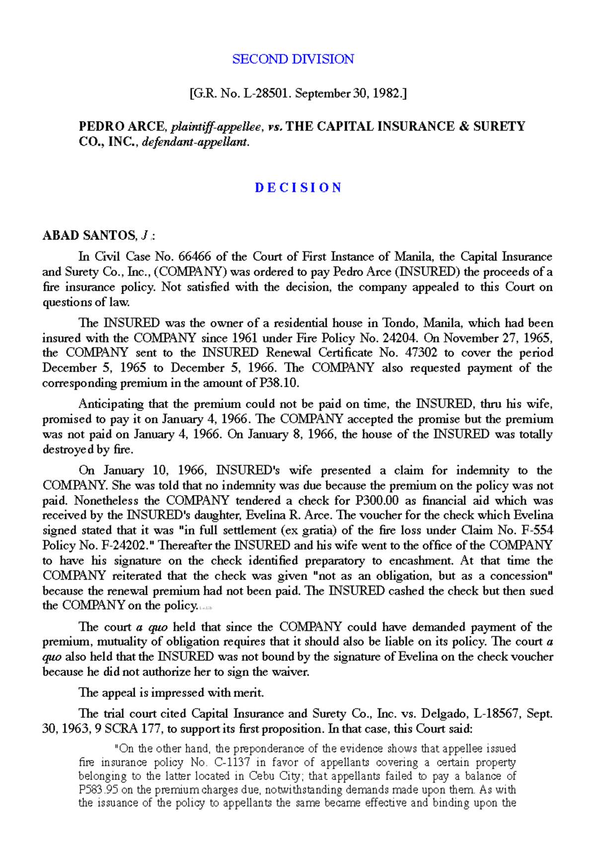 Civil Case No. 66466: Arce vs. Capital Insurance Decision Analysis ...