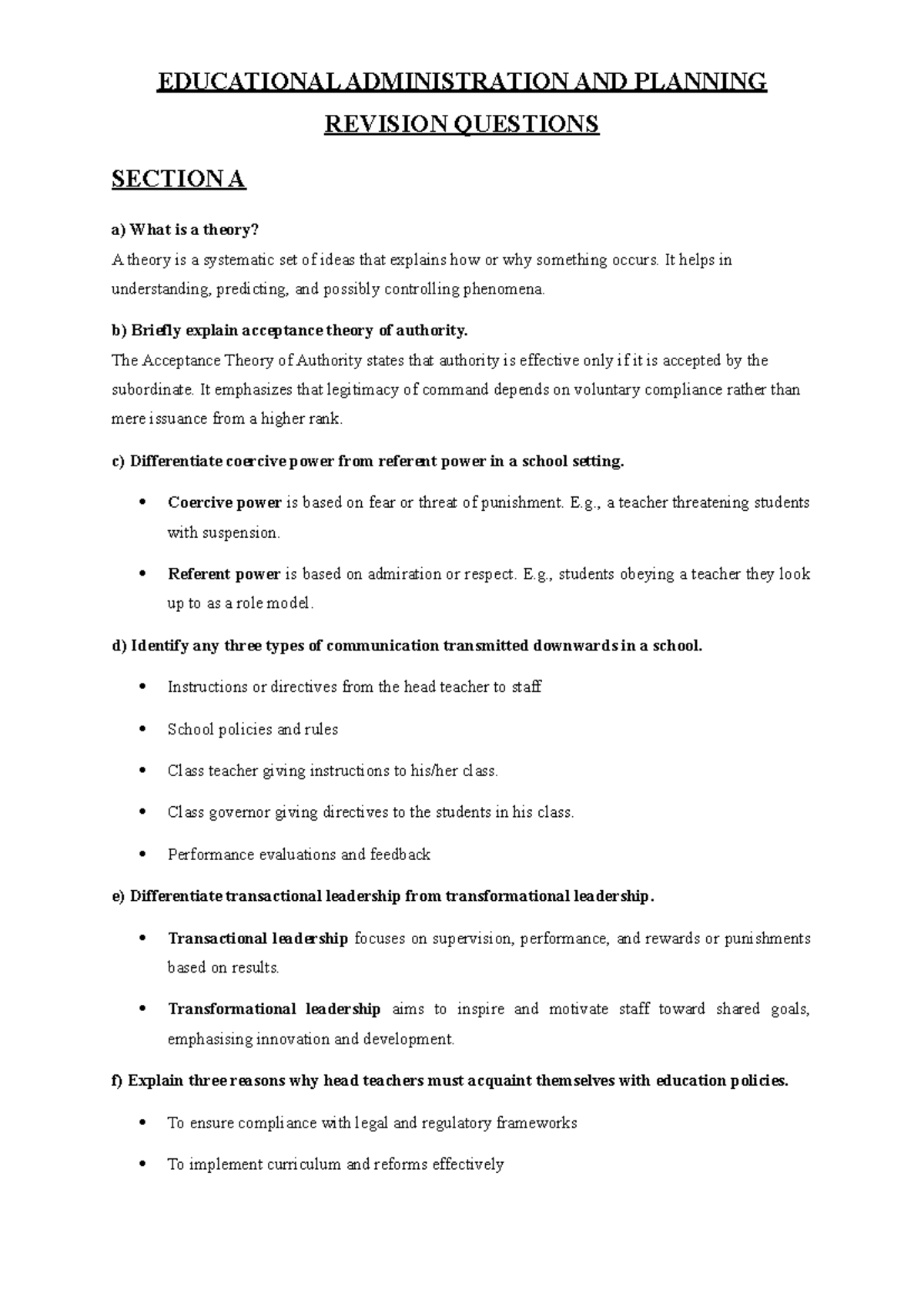EDUCATIONAL ADMINISTRATION AND PLANNING REVISION QUESTIONS - Studocu