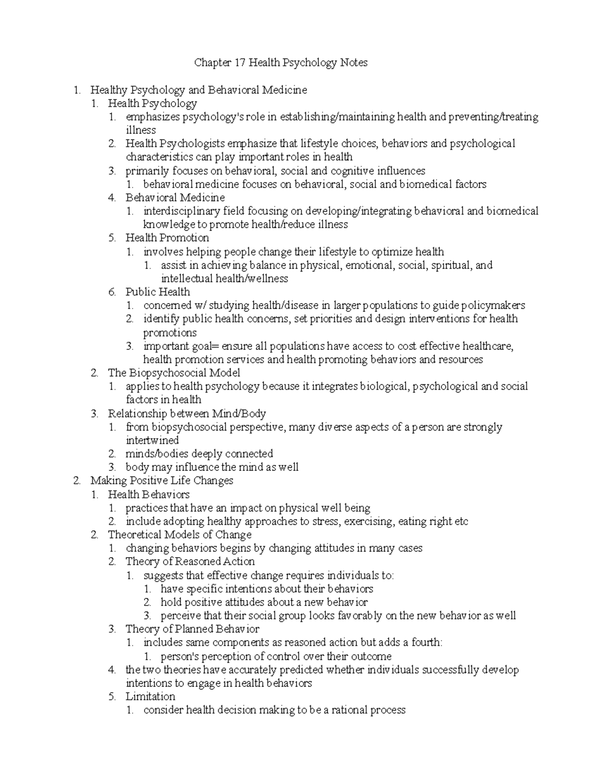Chapter 17: Health Psychology Overview and Key Concepts - Studocu