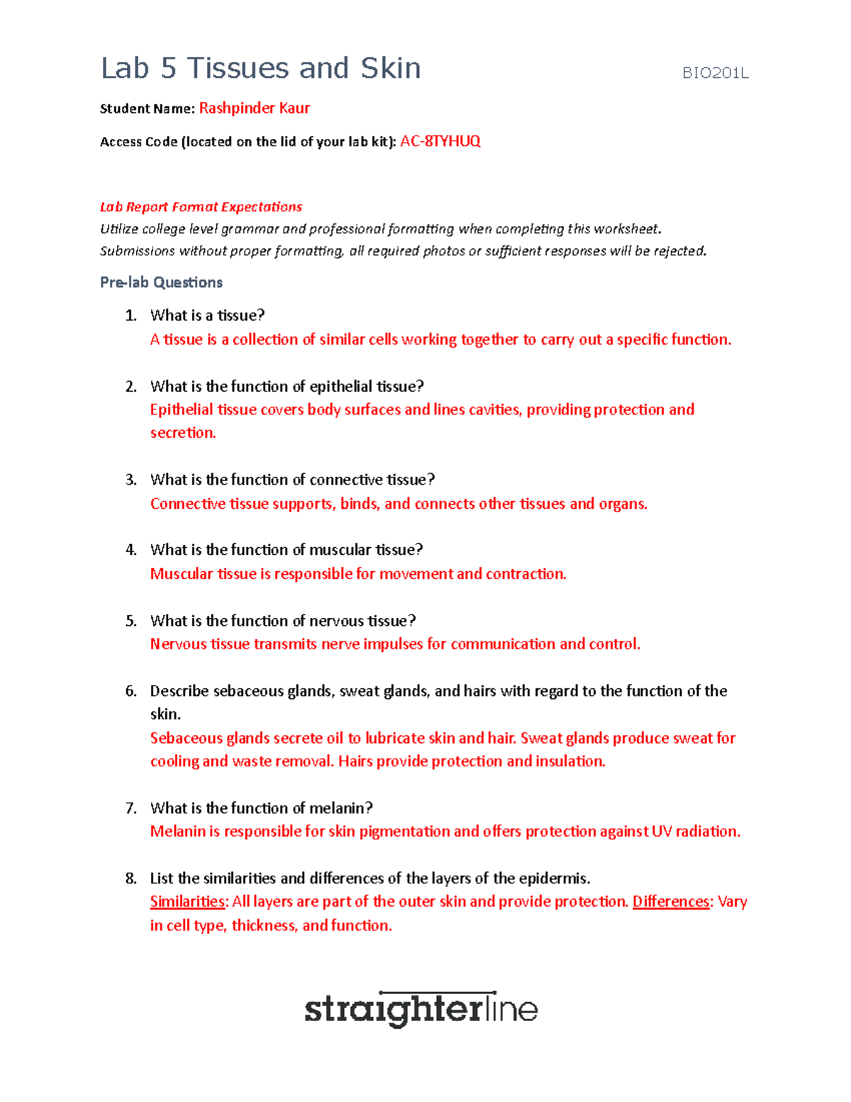 BIO201L Lab 5: Tissues and Skin - Comprehensive Notes - Studocu