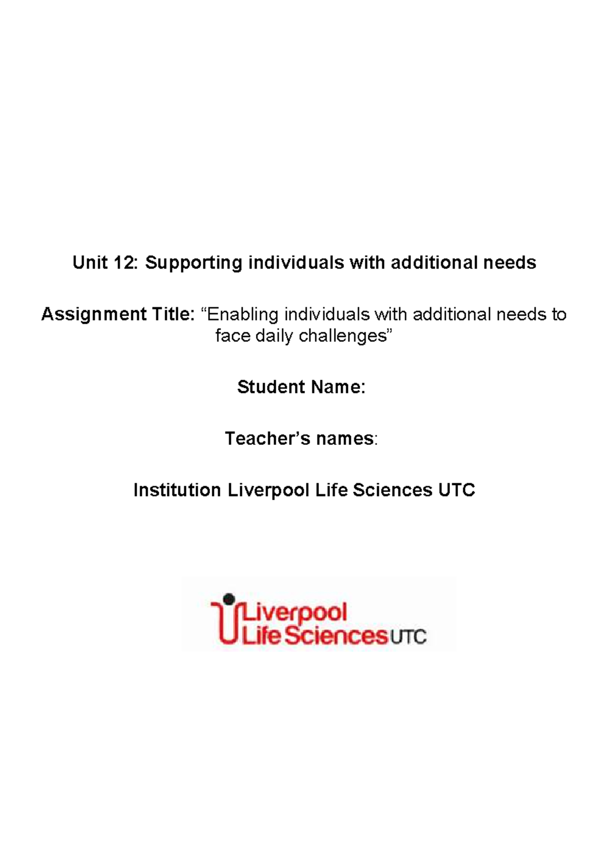 Unit 12: Supporting Individuals with Additional Needs - Assignment ...