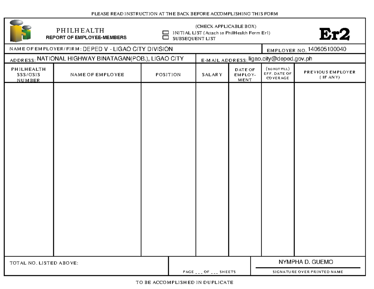 ER2- Philhealth - IF YOU NEED IT - NAME OF EMPLOYER/FIRM: PLEASE READ ...