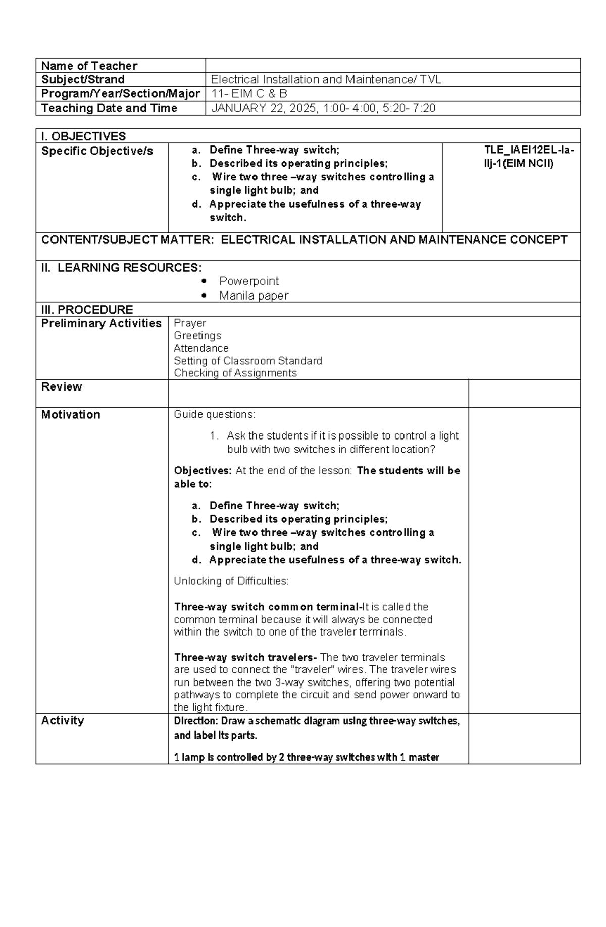 Three-way switch - Name of Teacher Subject/Strand Electrical ...