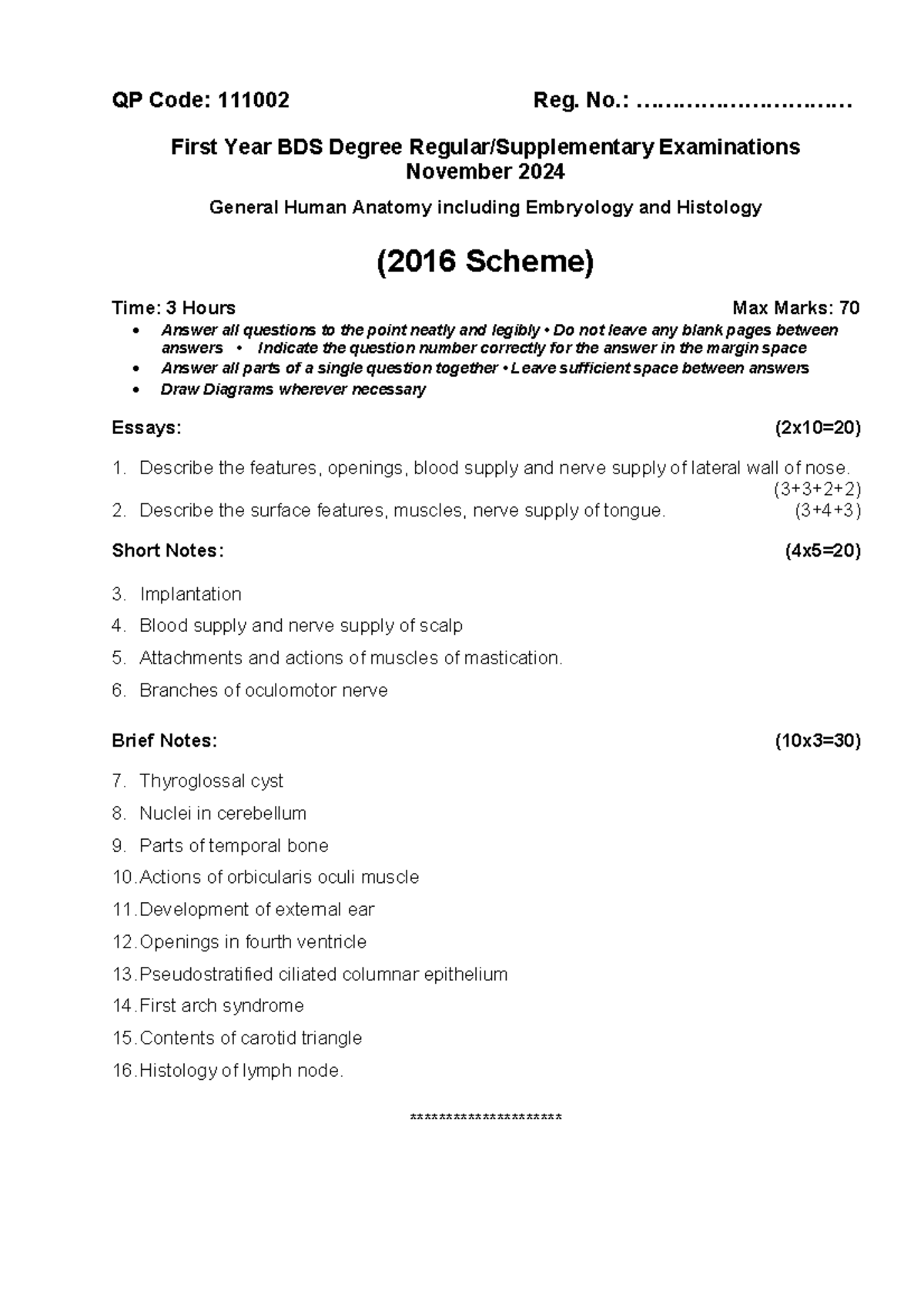 BDS 1st Year Exam Nov 2024: General Human Anatomy & Embryology Notes ...