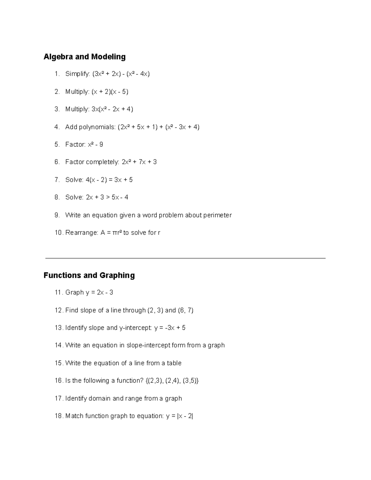 Algebra 1 Sample Test: Exam Prep for Algebra & Modeling - Studocu