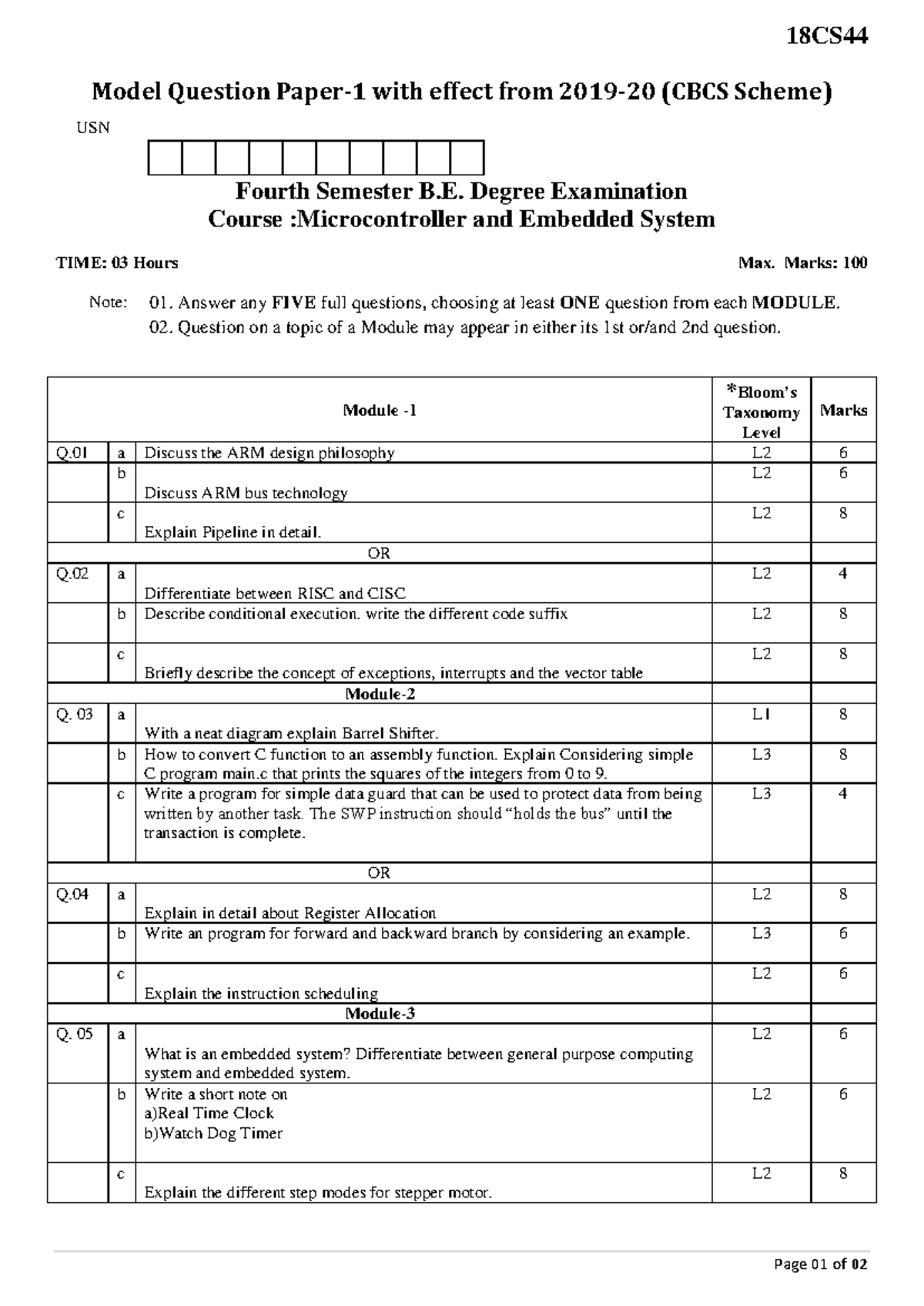 18CS44 Model Question Paper for Microcontroller & Embedded Systems ...