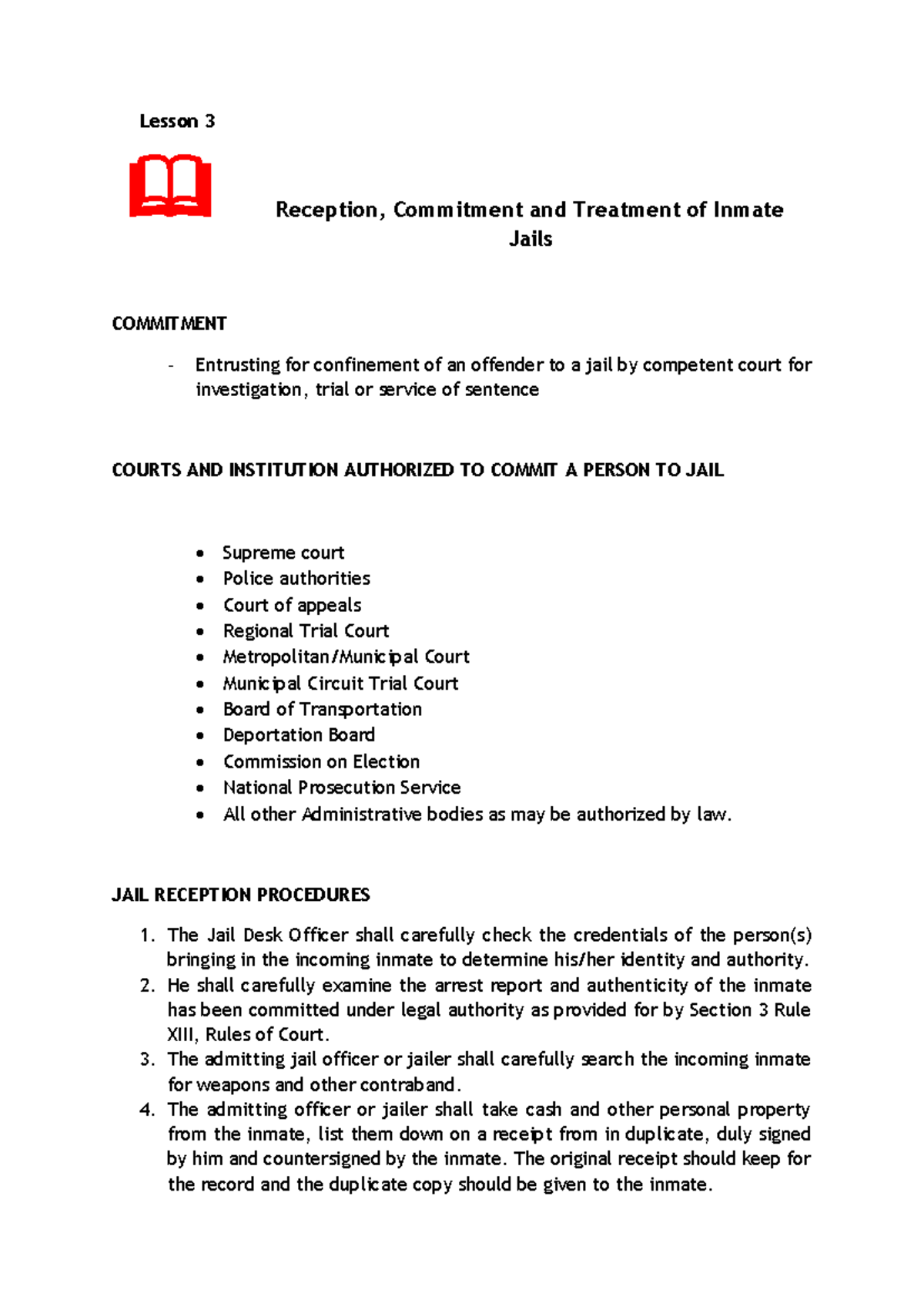 Reception and Treatment of Inmates in Jails: Lesson 3 Overview - Studocu