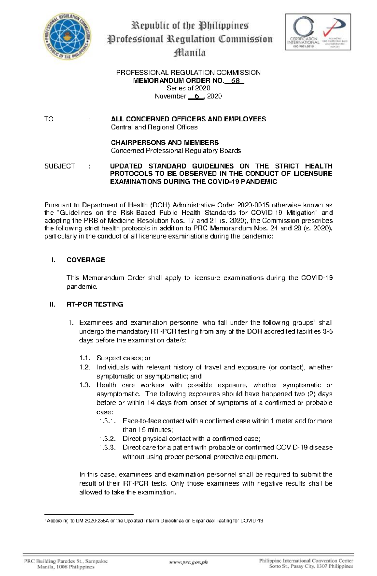 PRC Memo Order 68: Health Protocols for Licensure Exams During COVID-19 ...
