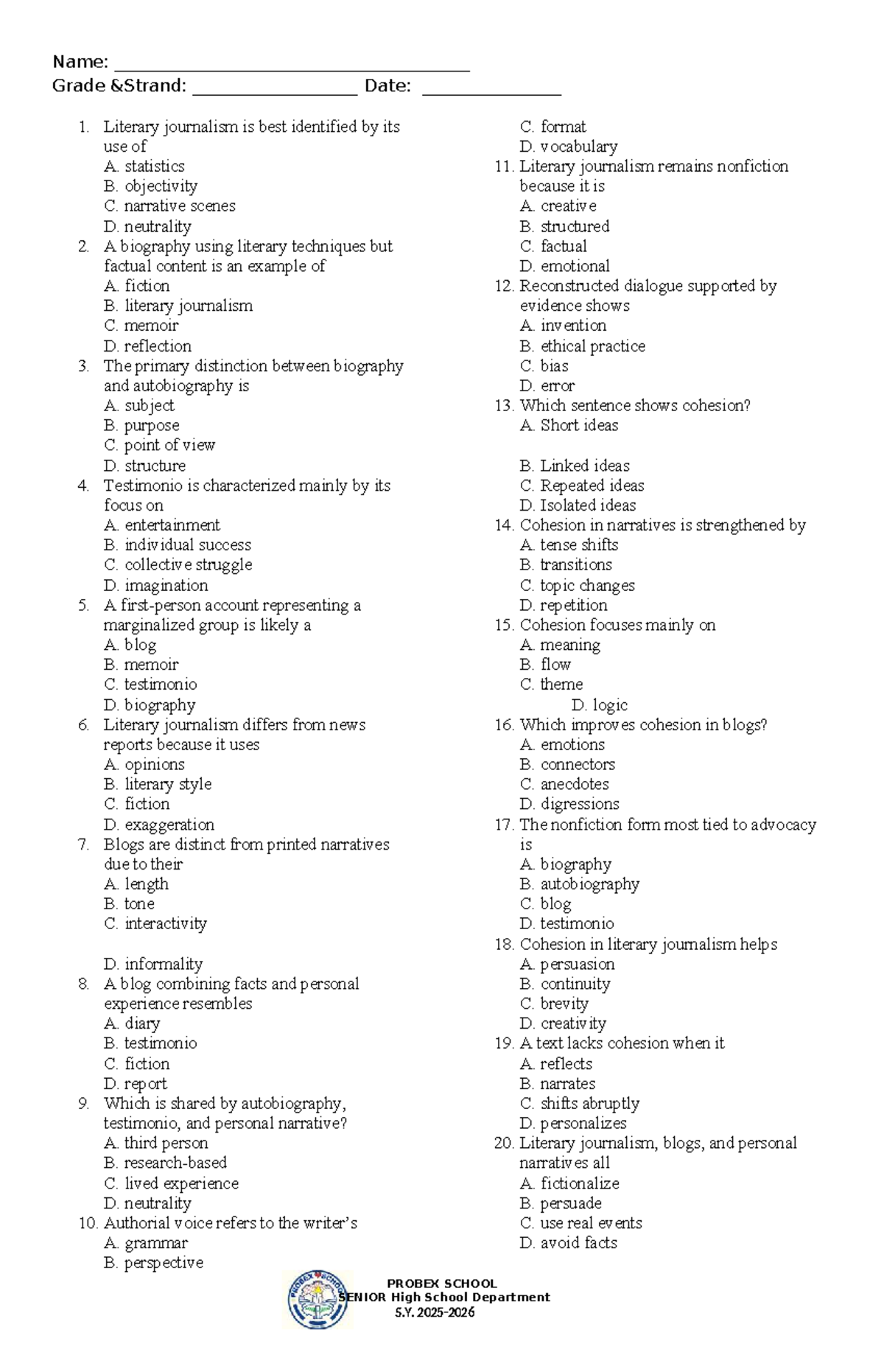 Creative Non-Fiction Final Quiz (PROBEX SCHOOL S.Y. 25-26) - Studocu