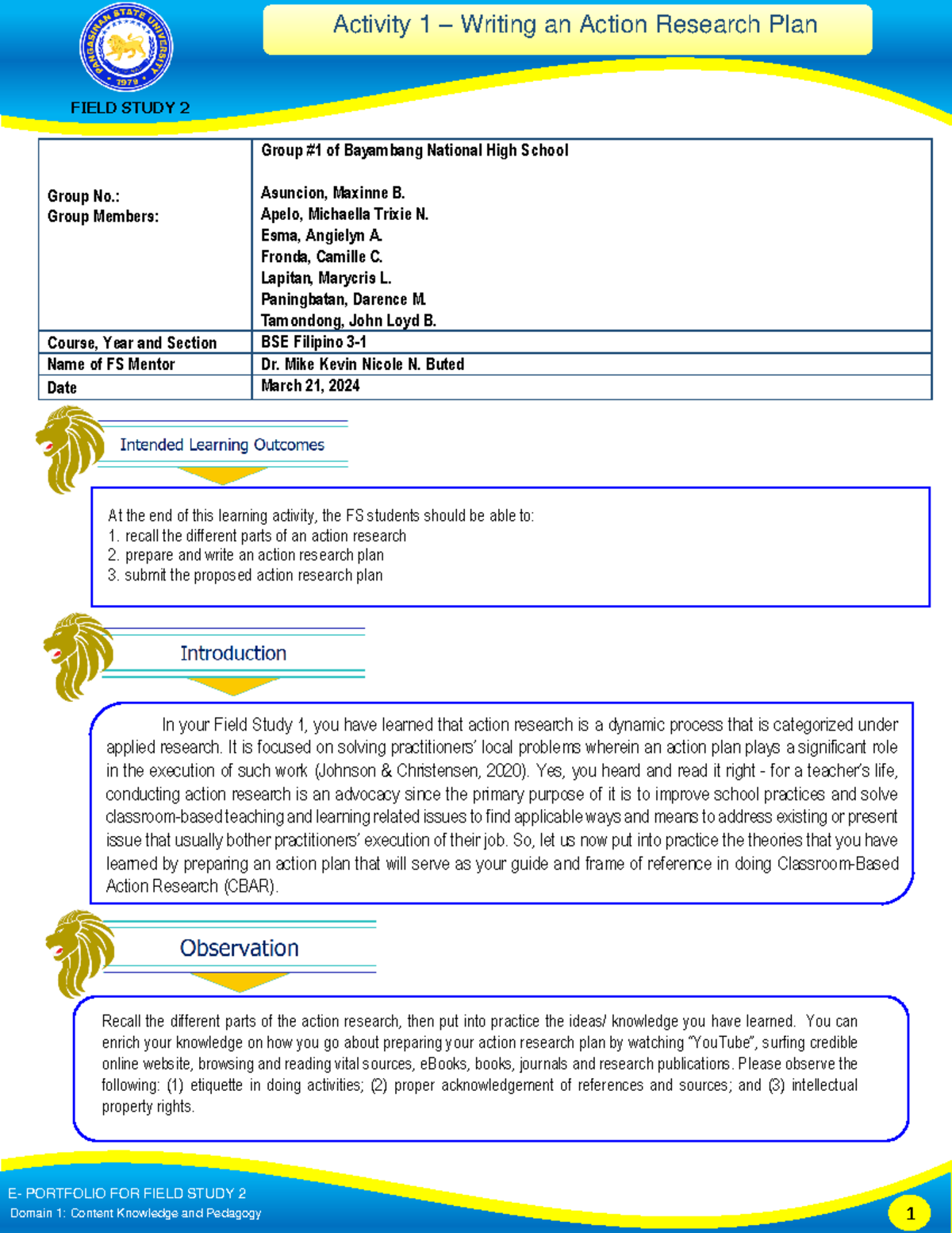 FS 2 E-Portfolio: Action Research Plan for Student Behavior Improvement - Studocu