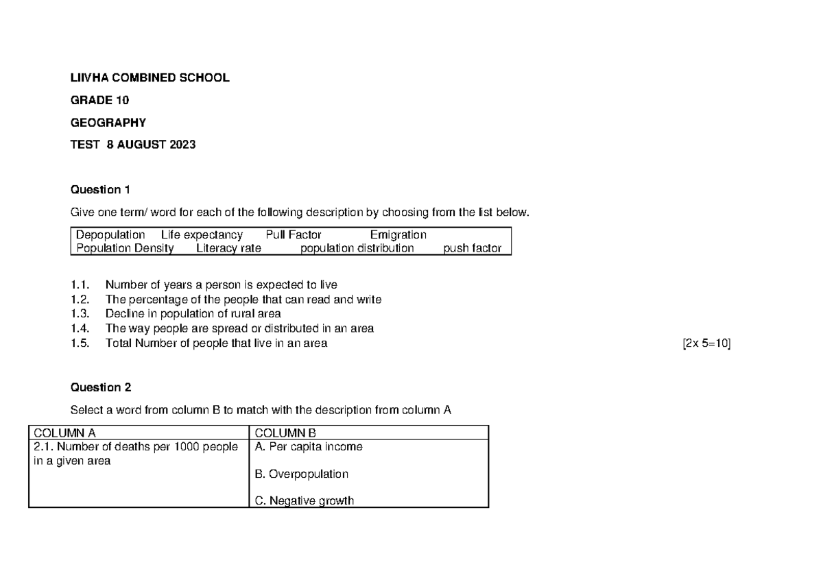 GEO Grade 10 Geography Test 8 Practice Material - Term 3 - Studocu