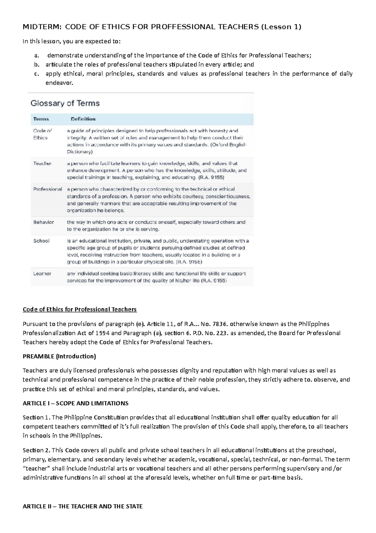 Midterm-EDUC102 - Code of Ethics for Professional Teachers Pursuant to ...