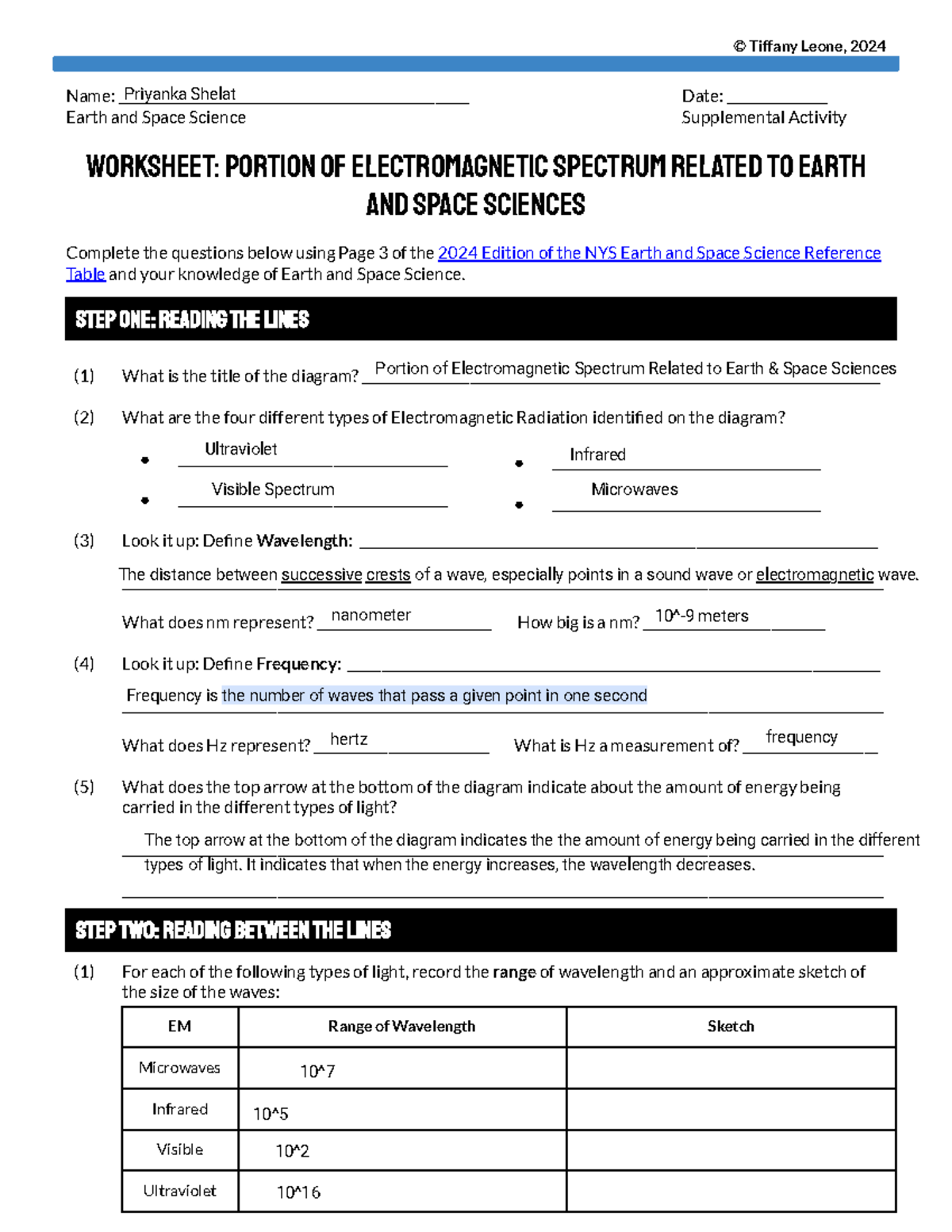 Kami Export - HS-ESS1-2 Worksheet on Electromagnetic Spectrum in Earth ...